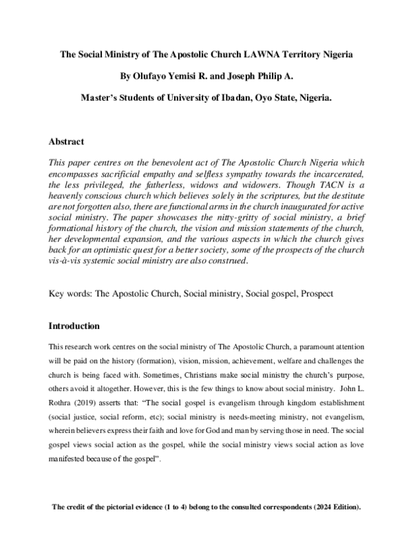 (PDF) The Social Ministry of The Apostolic Church LAWMA Territory Nigeria