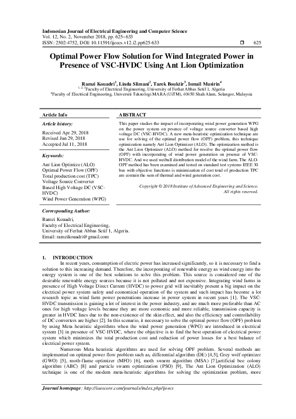 (PDF) Optimal Power Flow Solution for Wind Integrated Power in presence of VSC-HVDC Using Ant ...