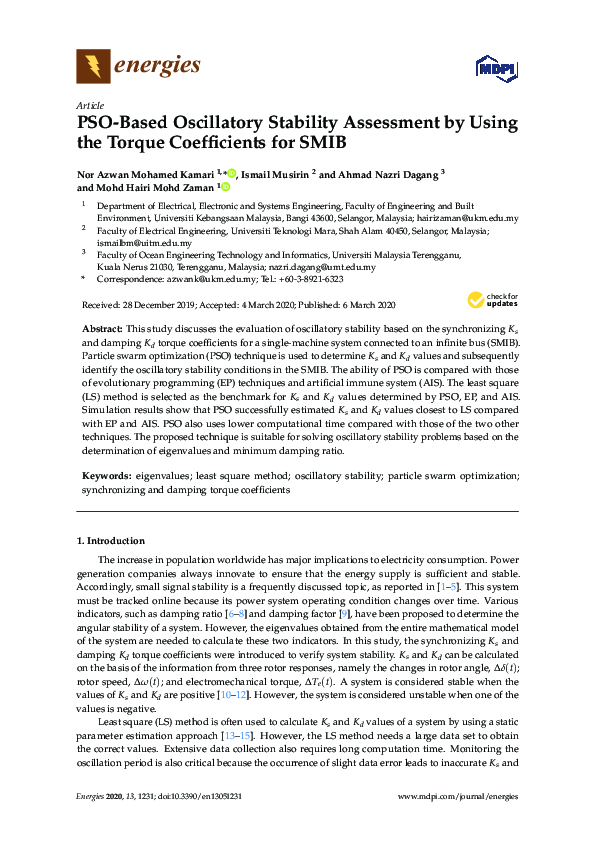 (PDF) PSO-Based Oscillatory Stability Assessment by Using the Torque Coefficients for SMIB
