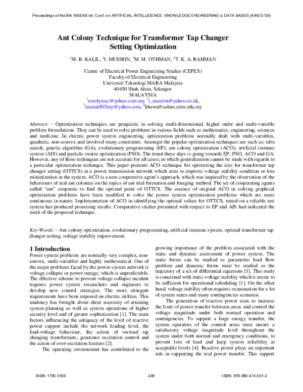 (PDF) Ant colony technique for transformer tap changer setting optimization