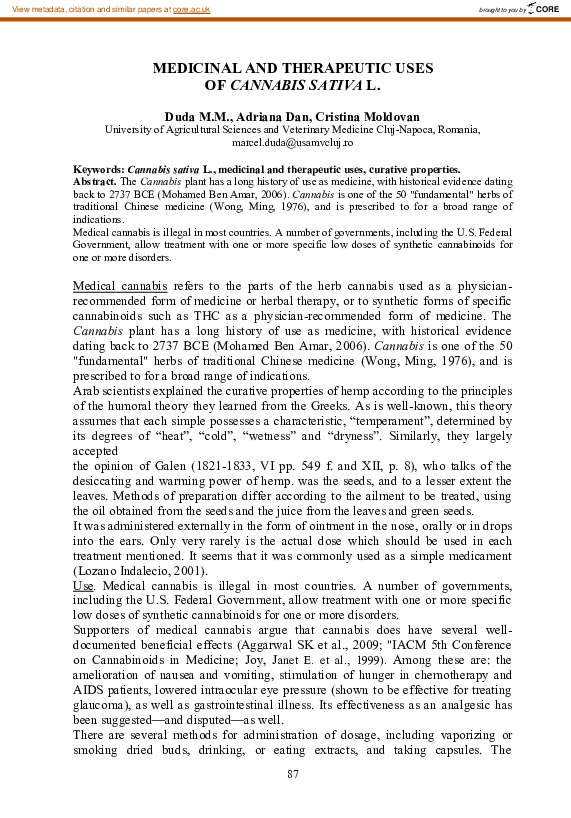 Pdf Medicinal And Therapeutic Uses Of Cannabis Sativa L