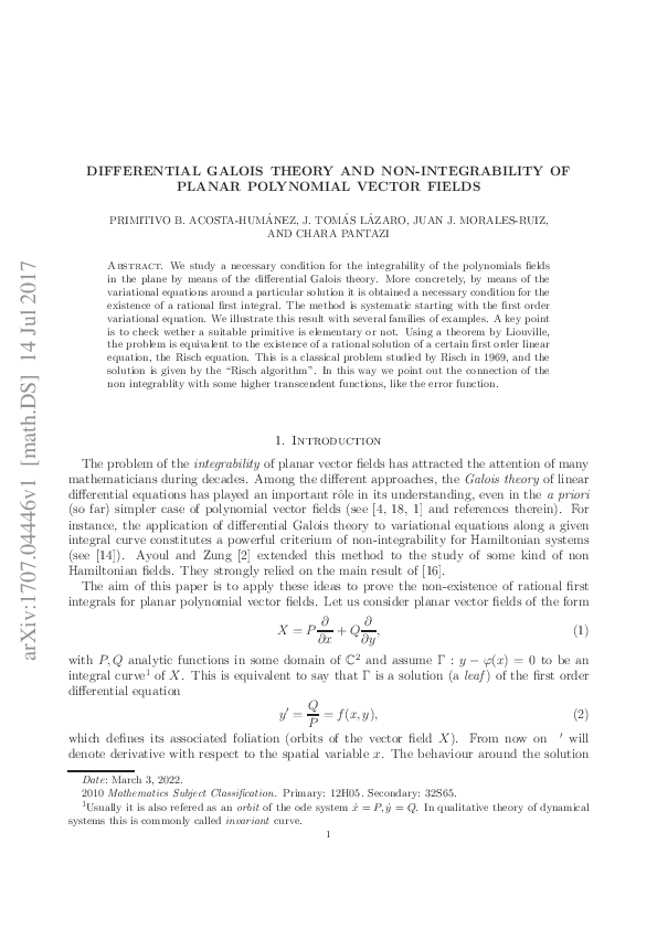 (PDF) Differential Galois Theory and non-Integrability of Planar Polynomial Vector Fields
