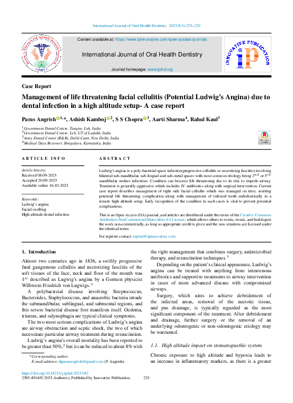 (PDF) Management of life threatening facial cellulitis (Potential Ludwig’s Angina) due to dental ...