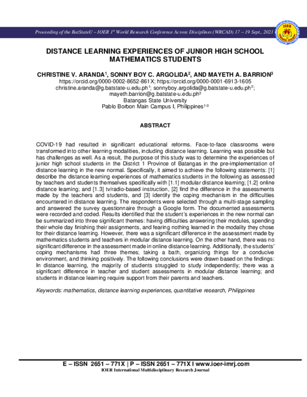 (PDF) Distance Learning Experiences of Junior High School Mathematics ...