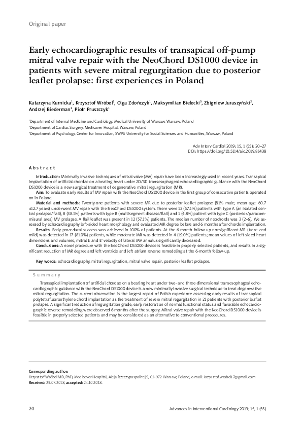 (PDF) Early echocardiographic results of transapical off-pump mitral ...