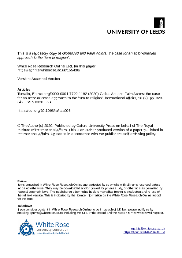 (PDF) Global aid and faith actors: the case for an actor-orientated ...