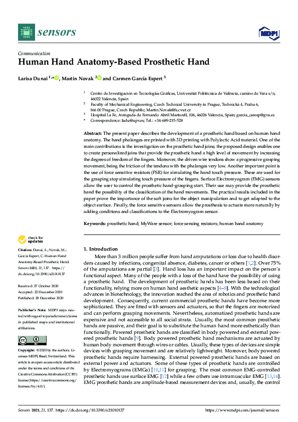 (PDF) Human Hand Anatomy-Based Prosthetic Hand | Larisa Dunai ...