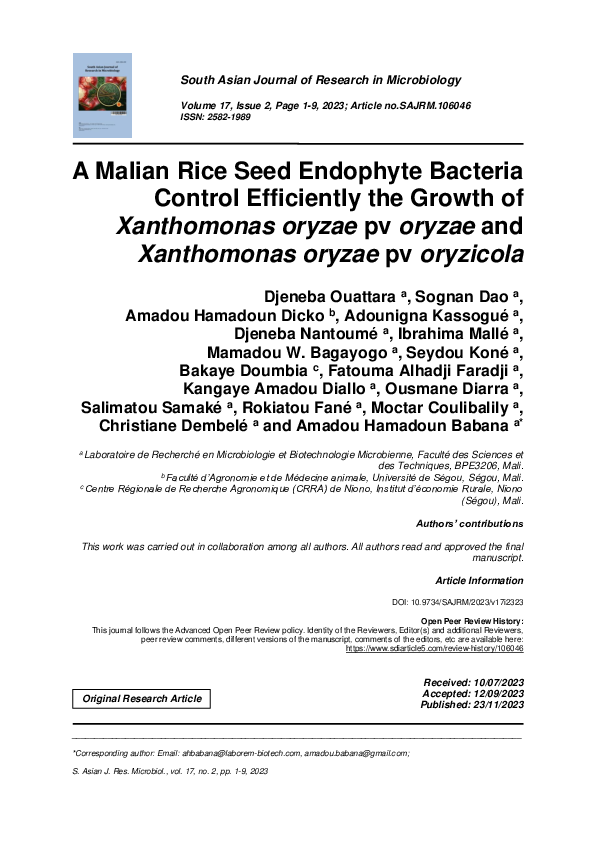 (PDF) A Malian Rice Seed Endophyte Bacteria Control Efficiently the ...