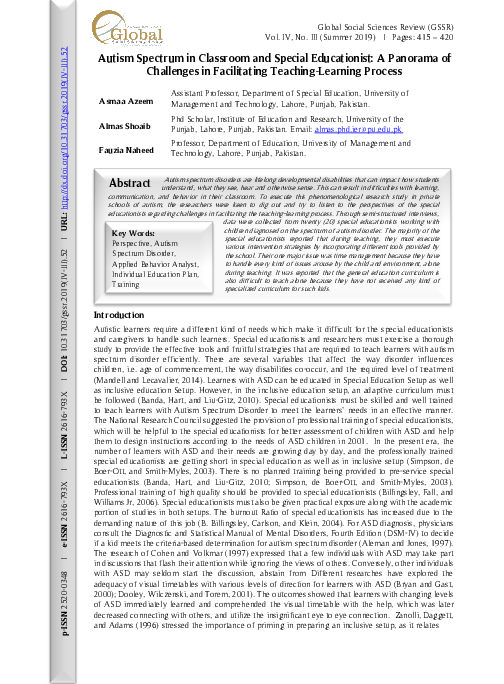 (PDF) Autism Spectrum in Classroom and Special Educationist: A Panorama ...