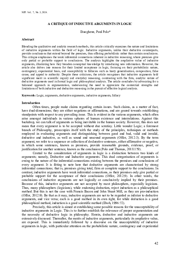 (PDF) A CRITIQUE OF INDUCTIVE ARGUMENTS IN LOGIC