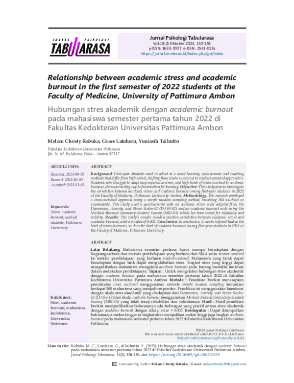 (PDF) Hubungan stres akademik dengan academic burnout pada mahasiswa semester pertama tahun 2022 ...
