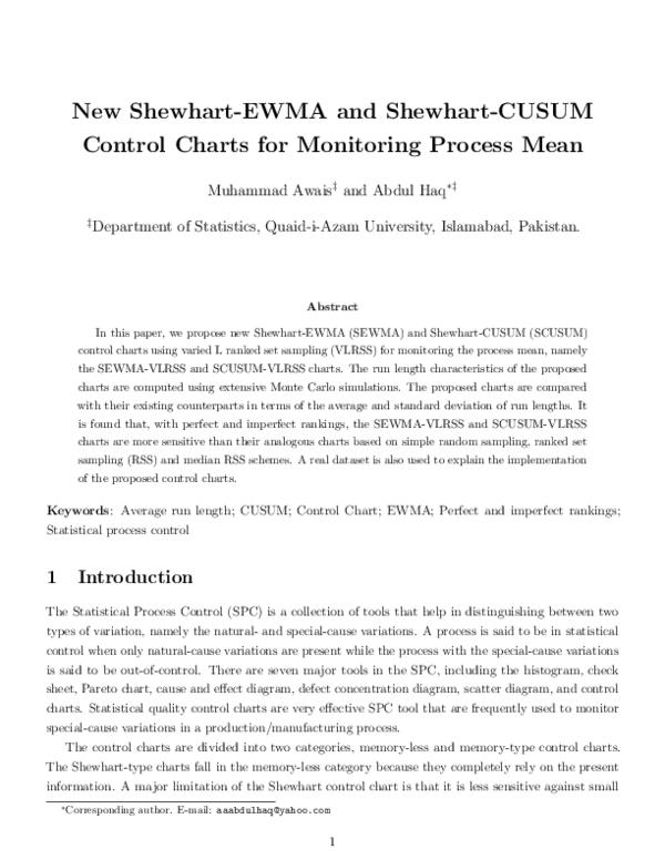 (PDF) New Shewhart-EWMA and Shewhart-CUSUM Control Charts for Monitoring Process Mean