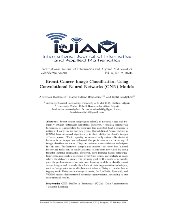 Pdf Breast Cancer Image Classification Using Convolutional Neural Networks Cnn Models