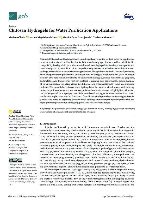 (PDF) Chitosan Hydrogels for Water Purification Applications