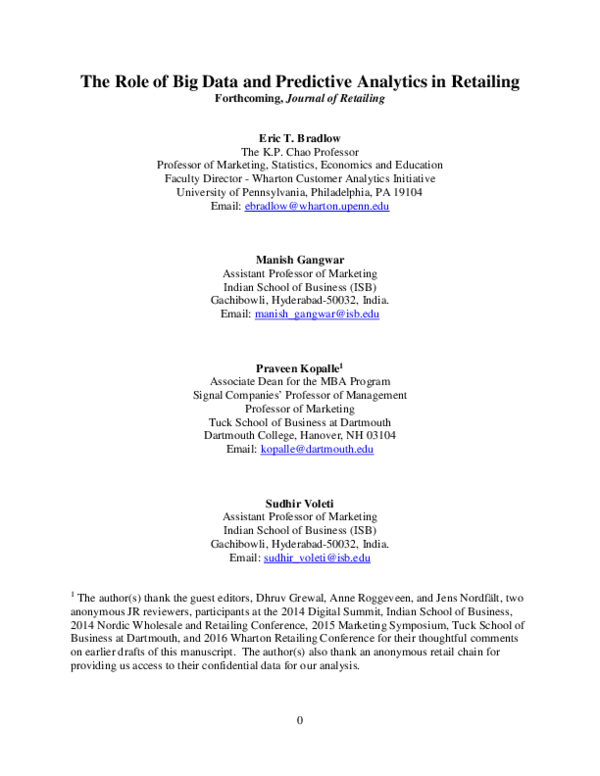 (PDF) 1 The Role of Big Data and Predictive Analytics in Retailing Abstract