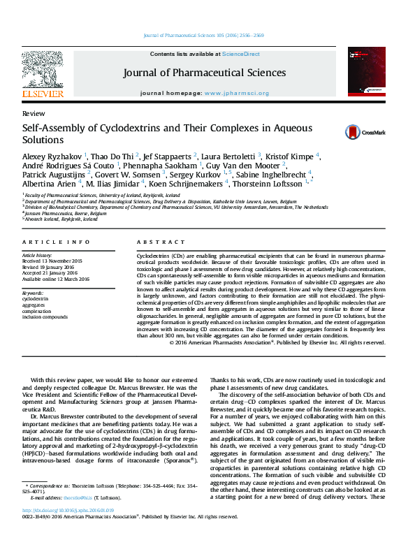 (PDF) Self-Assembly of Cyclodextrins and Their Complexes in Aqueous Solutions | laura bertoletti ...