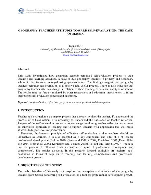(PDF) Geography Teachers Attitudes Toward Self-Evaluation: The Case of Serbia