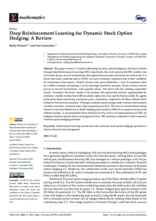 Pdf Deep Reinforcement Learning For Dynamic Stock Option Hedging A