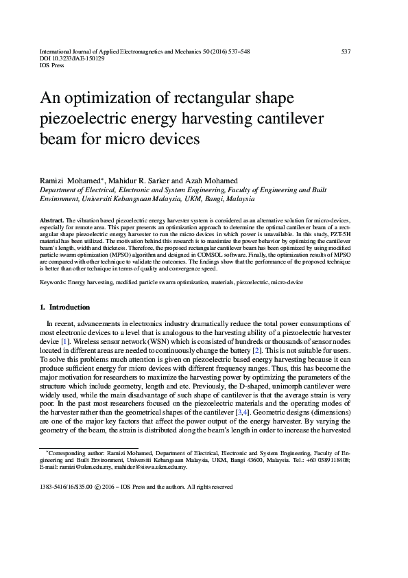 (PDF) An optimization of rectangular shape piezoelectric energy harvesting cantilever beam for ...