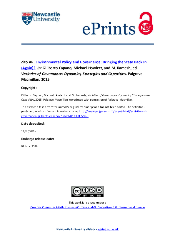 (PDF) Environmental Policy and Governance: Bringing the State Back In ...