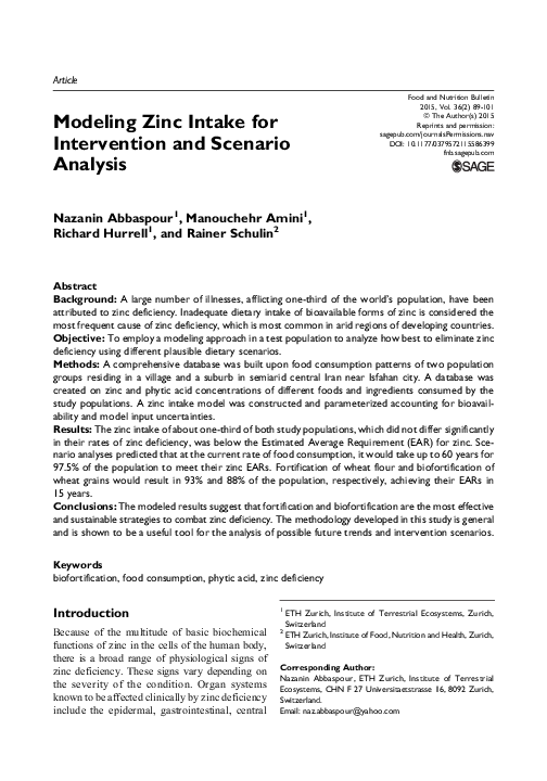 (PDF) Modeling Zinc Intake for Intervention and Scenario Analysis