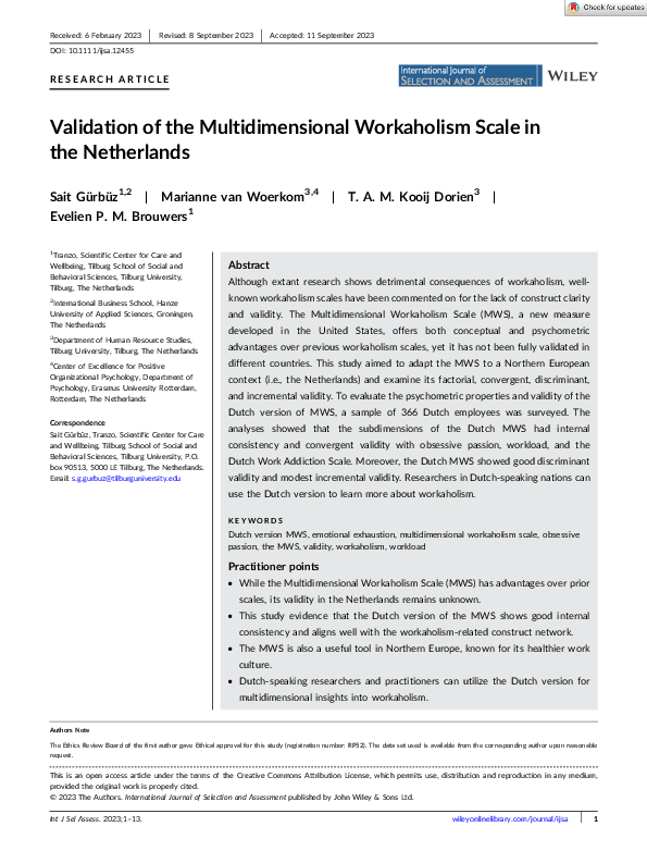 (PDF) Validation of the Multidimensional Workaholism Scale in the Netherlands