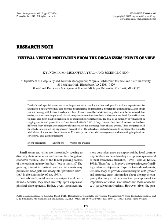 (PDF) Festival Visitor Motivation from the Organizers' Points of View