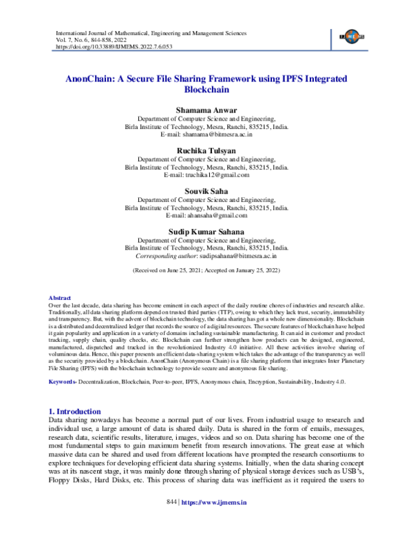 (PDF) AnonChain: A Secure File Sharing Framework using IPFS Integrated Blockchain