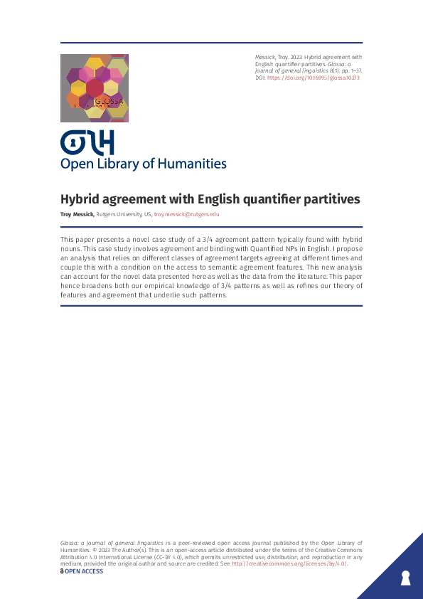 (PDF) Hybrid agreement with English quantifier partitives | Troy ...