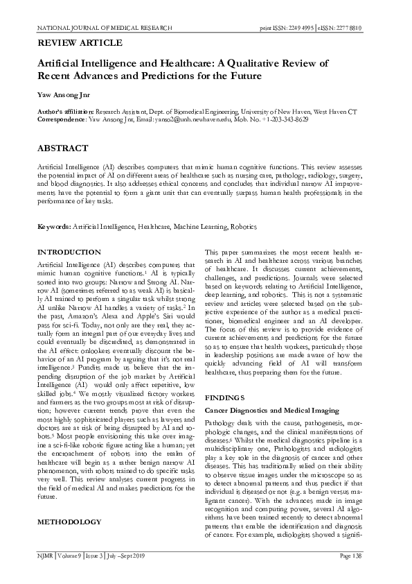 (PDF) ARTIFICIAL INTELLIGENCE AND HEALTHCARE: A QUALITATIVE REVIEW OF RECENT ADVANCES AND ...