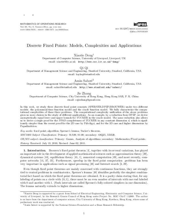 (PDF) Discrete Fixed Points: Models, Complexities, and Applications