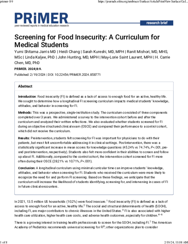 (PDF) Screening for Food Insecurity: A Curriculum for Medical Students