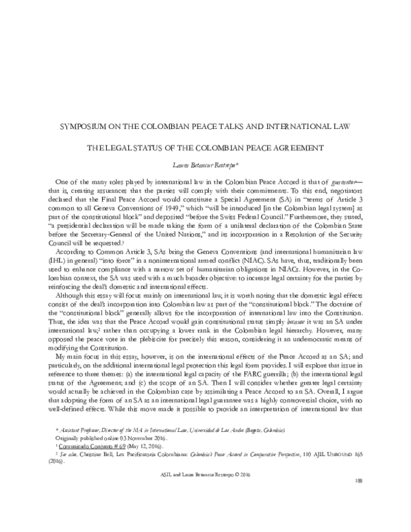(PDF) The Legal Status of the Colombian Peace Agreement