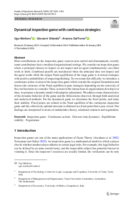 (PDF) Dynamical inspection game with continuous strategies
