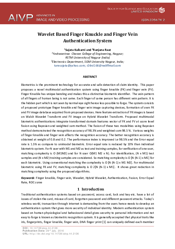 (PDF) Wavelet Based Finger Knuckle and Finger vein Authentication System