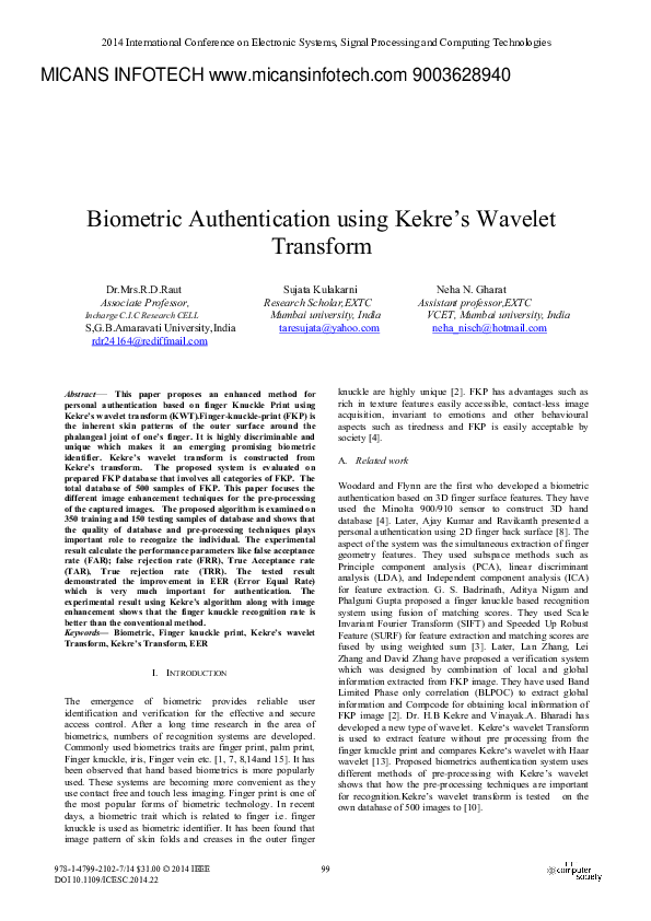 (PDF) Biometric Authentication Using Kekre's Wavelet Transform | Sujata Kulkarni - Academia.edu