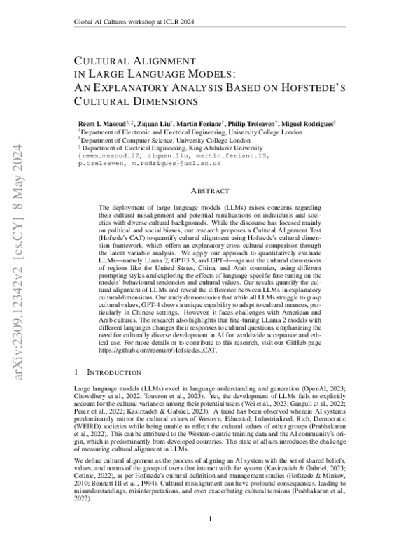 (PDF) Cultural Alignment in Large Language Models: An Explanatory Analysis Based on Hofstede's ...