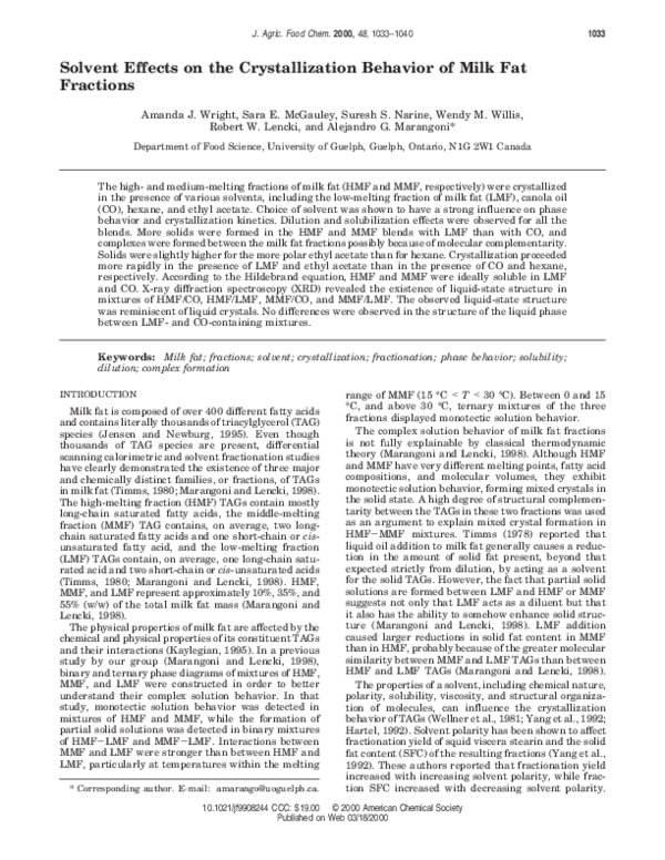 (PDF) Solvent Effects on the Crystallization Behavior of Milk Fat Fractions