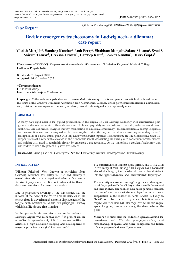 (PDF) Bedside emergency tracheostomy in Ludwig neck- a dilemma: case ...