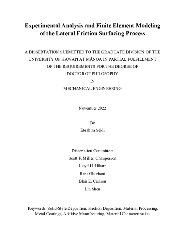 (PDF) Experimental Analysis and Finite Element Modeling of the Lateral Friction Surfacing Process