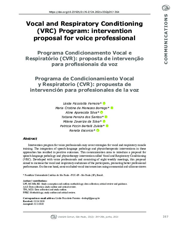 (PDF) Vocal and Respiratory Conditioning (VRC) Program: intervention proposal for voice professional