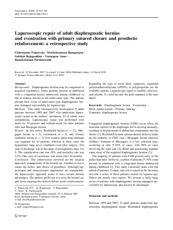 (PDF) Laparoscopic repair of adult diaphragmatic hernias and ...