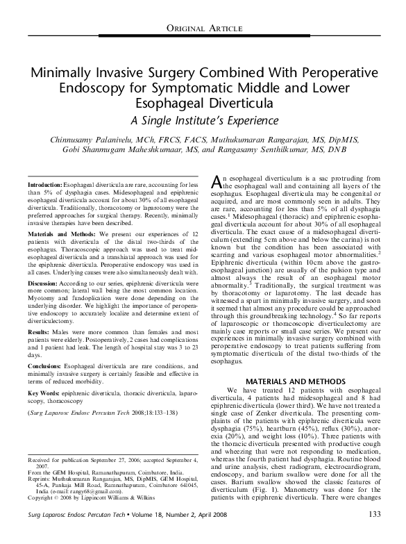(PDF) Minimally Invasive Surgery Combined With Peroperative Endoscopy for Symptomatic Middle and ...