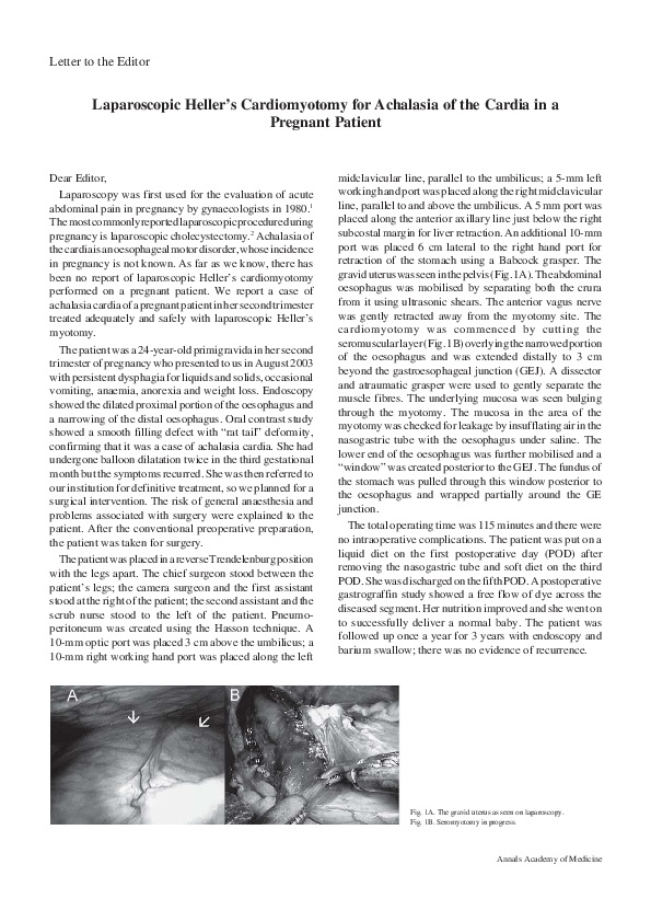 (PDF) Laparoscopic Heller's cardiomyotomy for achalasia of the cardia ...