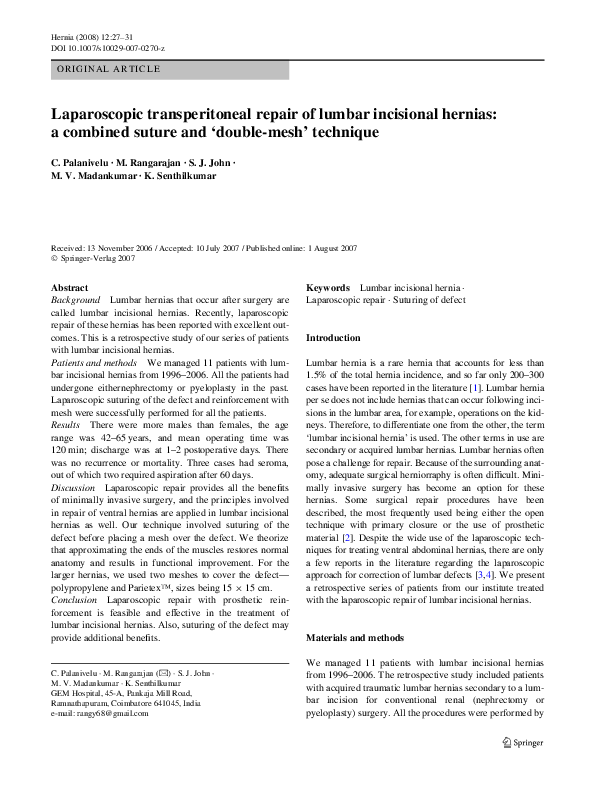 (PDF) Laparoscopic transperitoneal repair of lumbar incisional hernias ...
