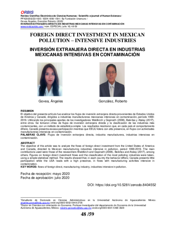 (PDF) Inversión Extranjera Directa en Industrias Mexicanas Intensivas en Contaminación