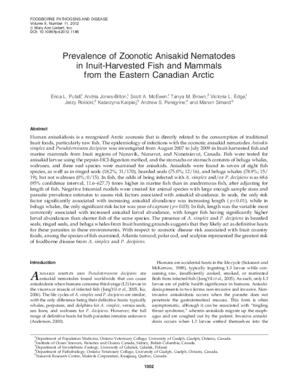(PDF) Prevalence of Zoonotic Anisakid Nematodes in Inuit-Harvested Fish ...