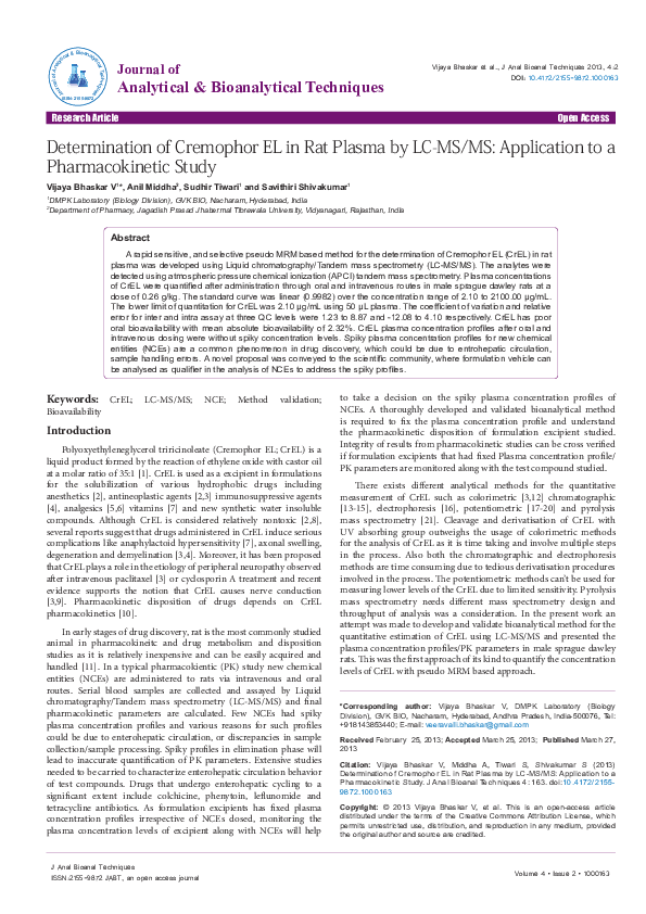 (PDF) Determination of Cremophor EL in Rat Plasma by LC-MS/MS ...