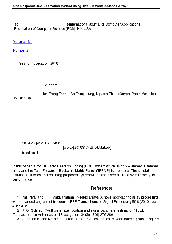 (PDF) One Snapshot DOA Estimation Method using Two Elements Antenna Array