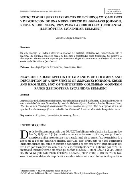 (PDF) News on Six Rare Species of Lycaenids of Colombia and Description ...